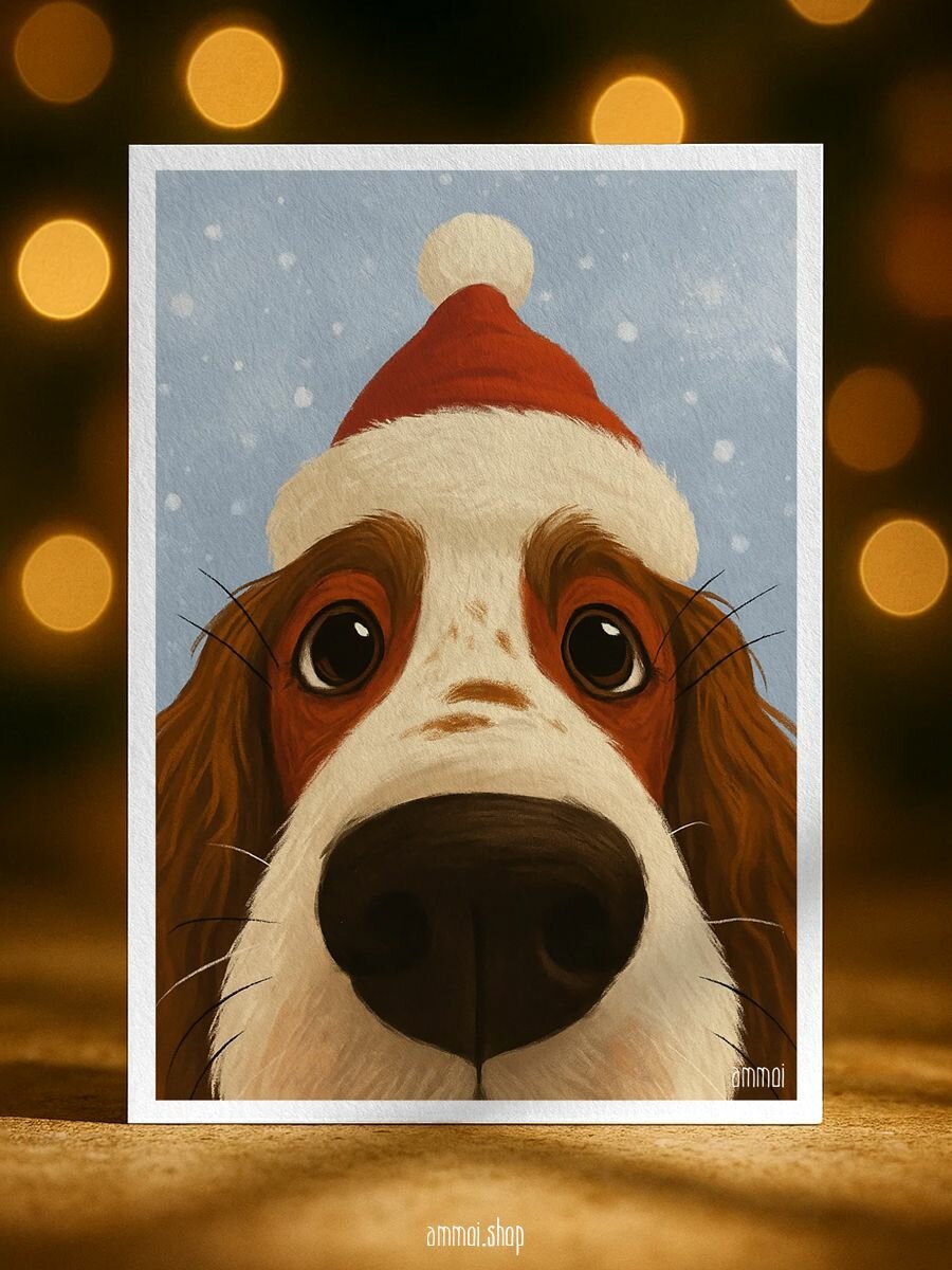 Авторская открытка Am.moi Спаниель в шапке Санты 14,8 10,5 см (А6) с конвертом, фотобумага 300 г/м