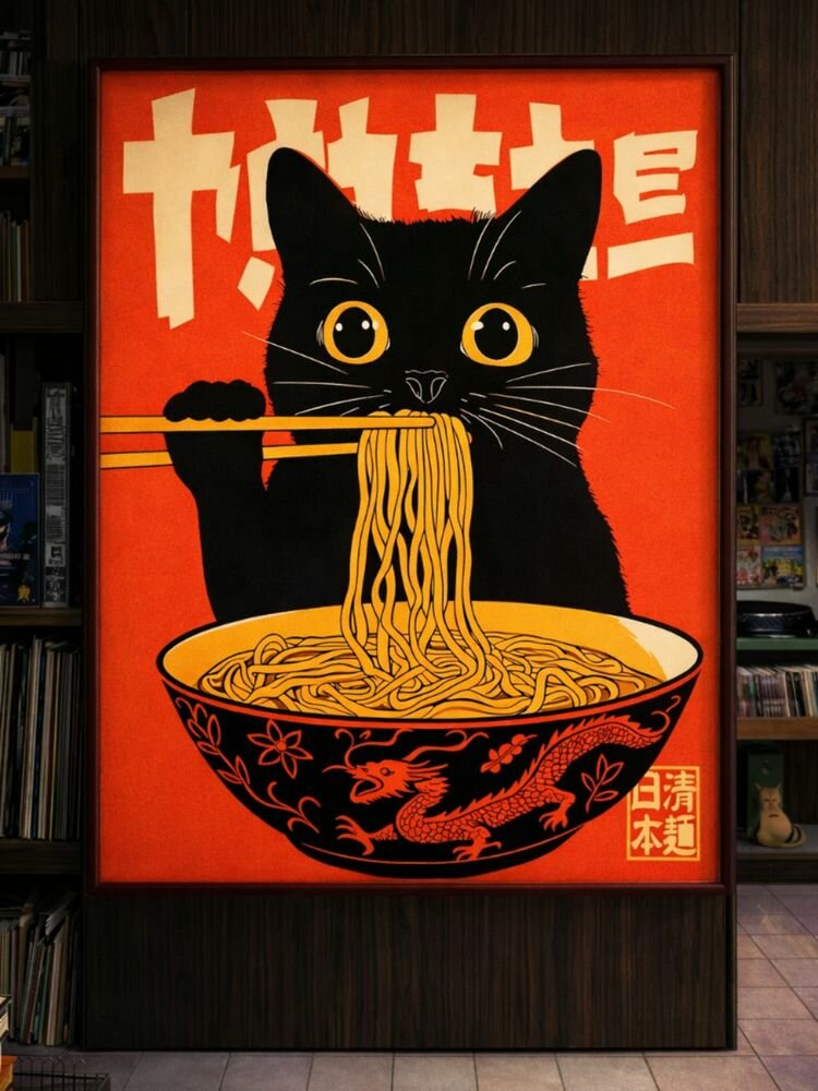 Постер в стиле черный котик есть лапшу / Плакат с милым котом интерьерная печать