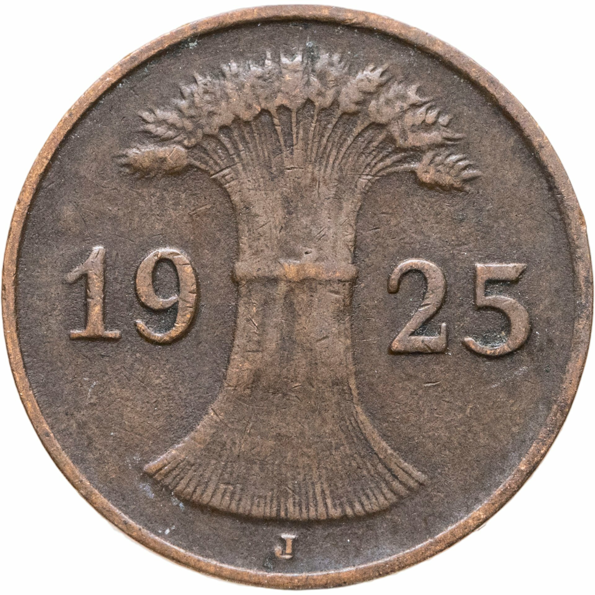 Германия 1 рейхспфенниг reichspfennig 1925, знак монетного двора "J" — Гамбург, Бронза, в сохранности VF