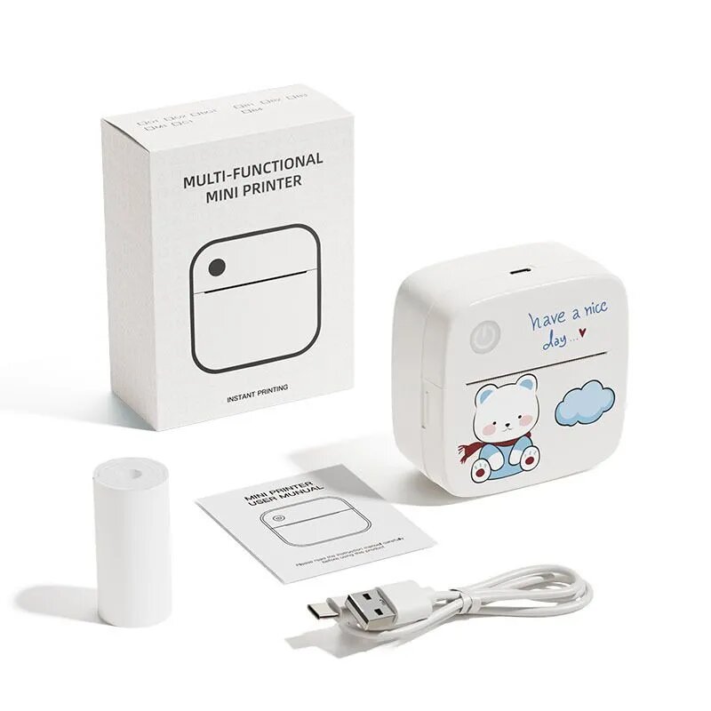 Мини-принтер портативный Bluetooth, для учебы и повседневной жизни белый