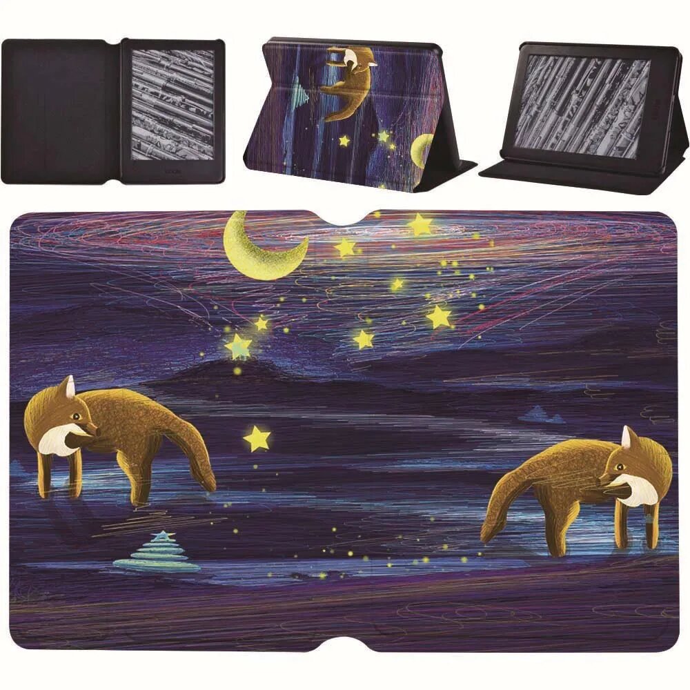 Кожаный чехол IceBear Case для планшета Amazon Kindle Paperwhite 1 2 3, 16. twin fox and moon