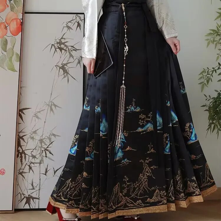 Современная женская юбка-ханьфу «лошадиная морда» для офиса, китайская юбка Черный, XL, Black skirt