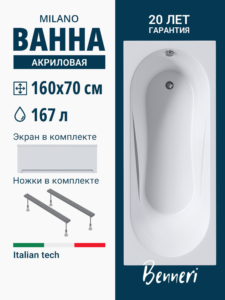 Ванна акриловая 160x70 с ножками и экраном Benneri Milano, пристенная 100% акрил