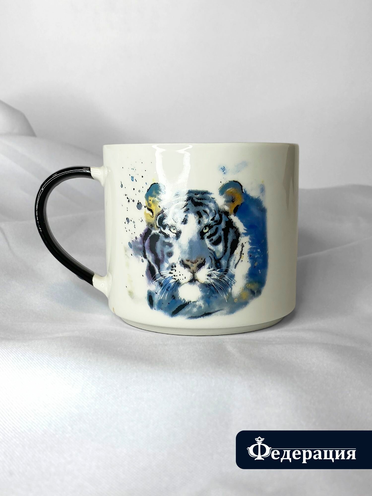 Кружка большая / чашка фарфоровая федерация "Белый тигр - акварель" 400 мл. керамическая, в подарочной коробке / eye of the tiger.
