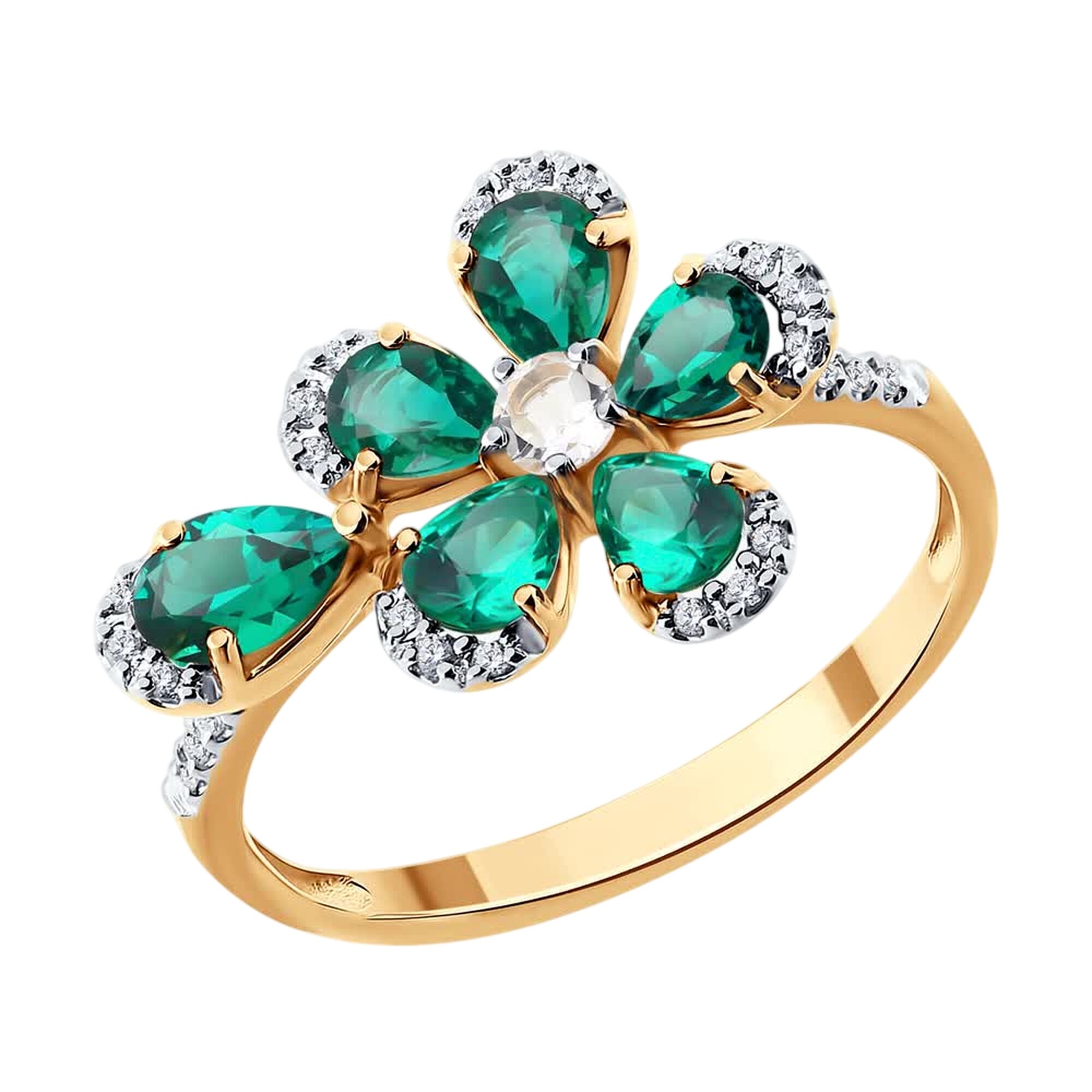 Кольцо, красное золото, 585 проба, изумруд синтетический, горный хрусталь, фианит