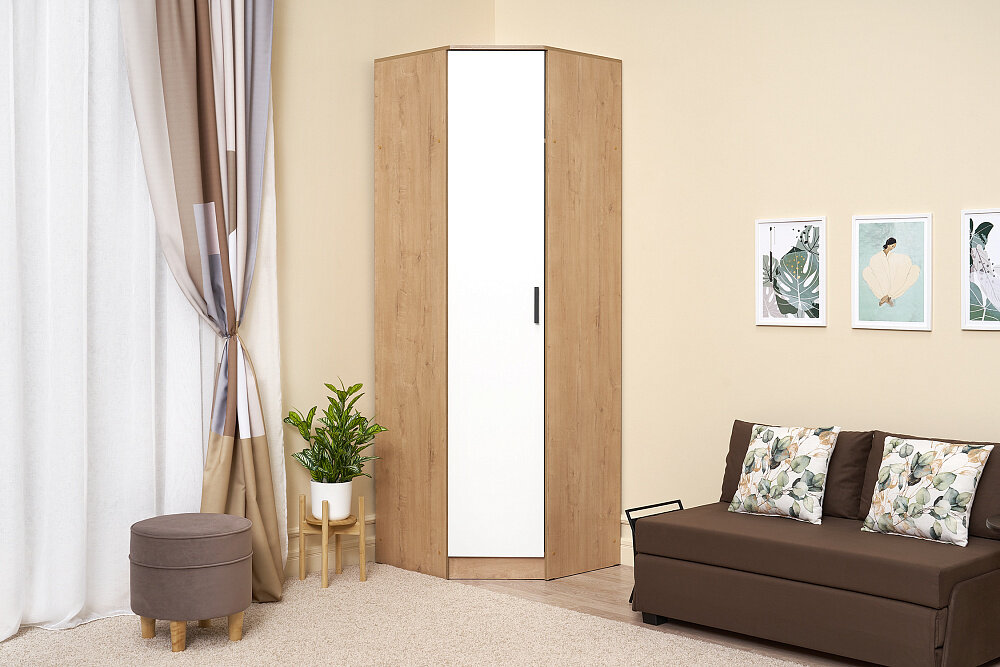 Шкаф угловой для одежды однодверный, 1 дверь 5 полок 1 штанга, Эра, 76х220х76 см, ЛДСП, Белый / Дуб Вотан