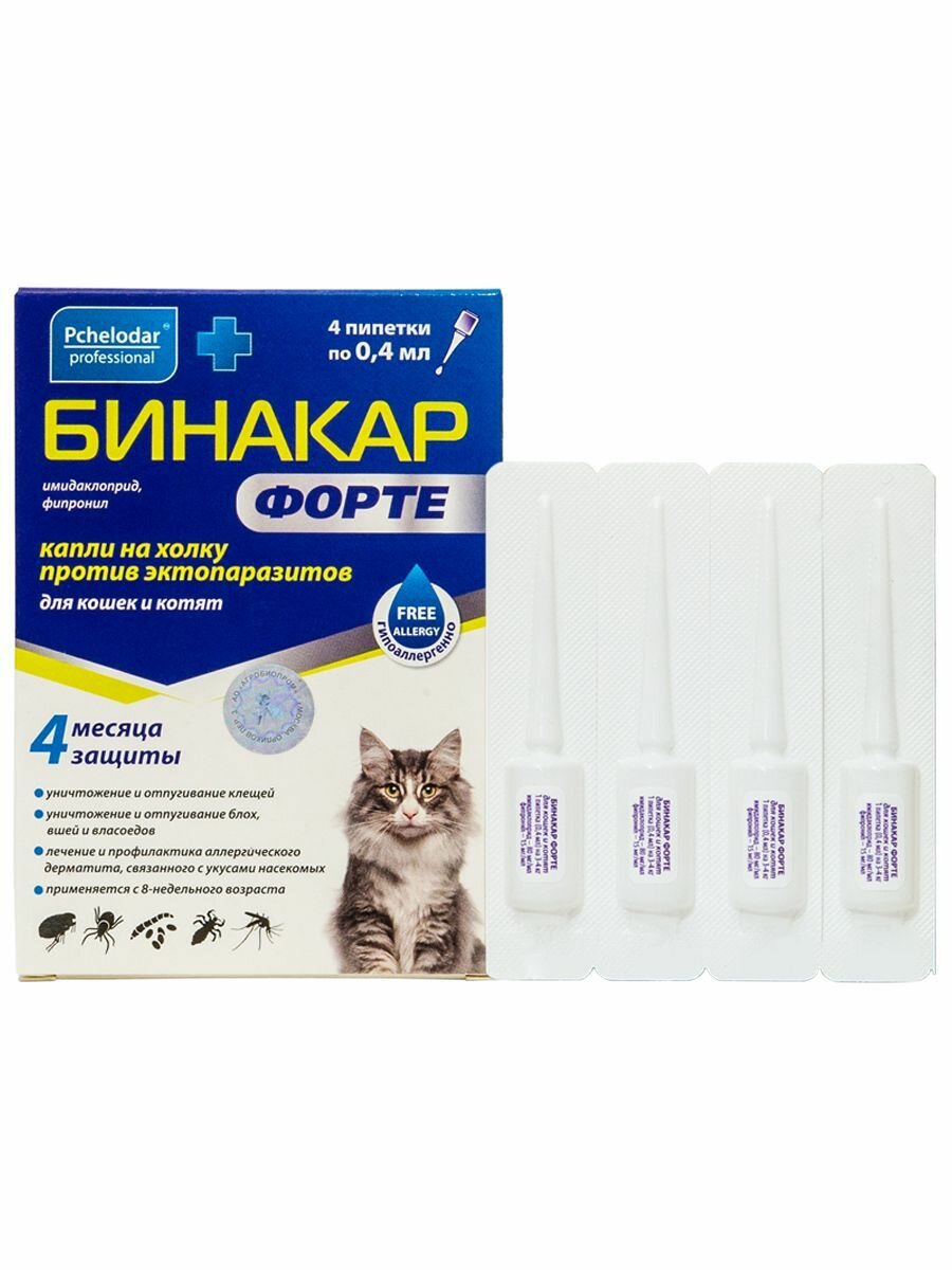 Пчелодар капли на холку" Бинакар Форте" против блох и клещей, для кошек и котят, 4 пипетки