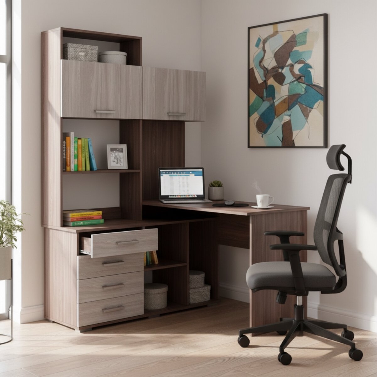 Стол компьютерный письменный угловой Памир ПКС-11 правый, с полкой надстройкой и выдвижными ящиками, шимо темн/шимо св