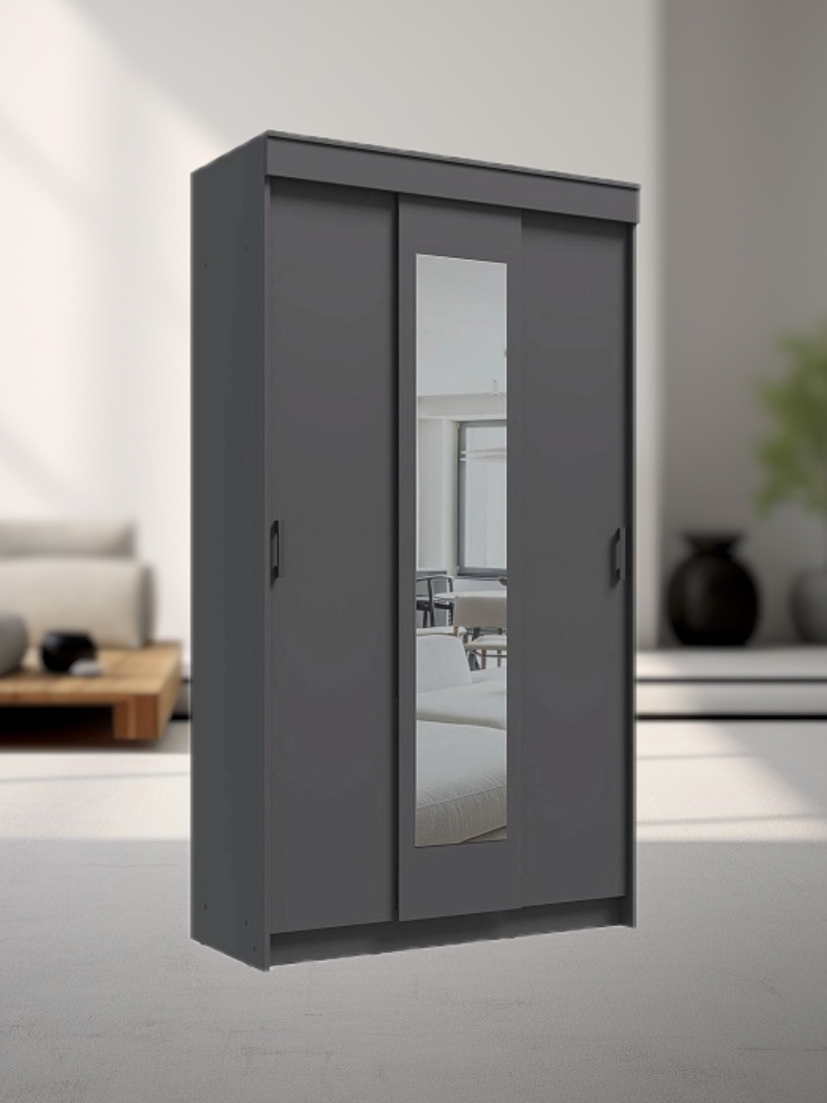 Шкаф-купе трехдверный, 5 полок, 1 штанга, 1 зеркало, Эко, 120х220х56.5 см, ЛДСП, Графит