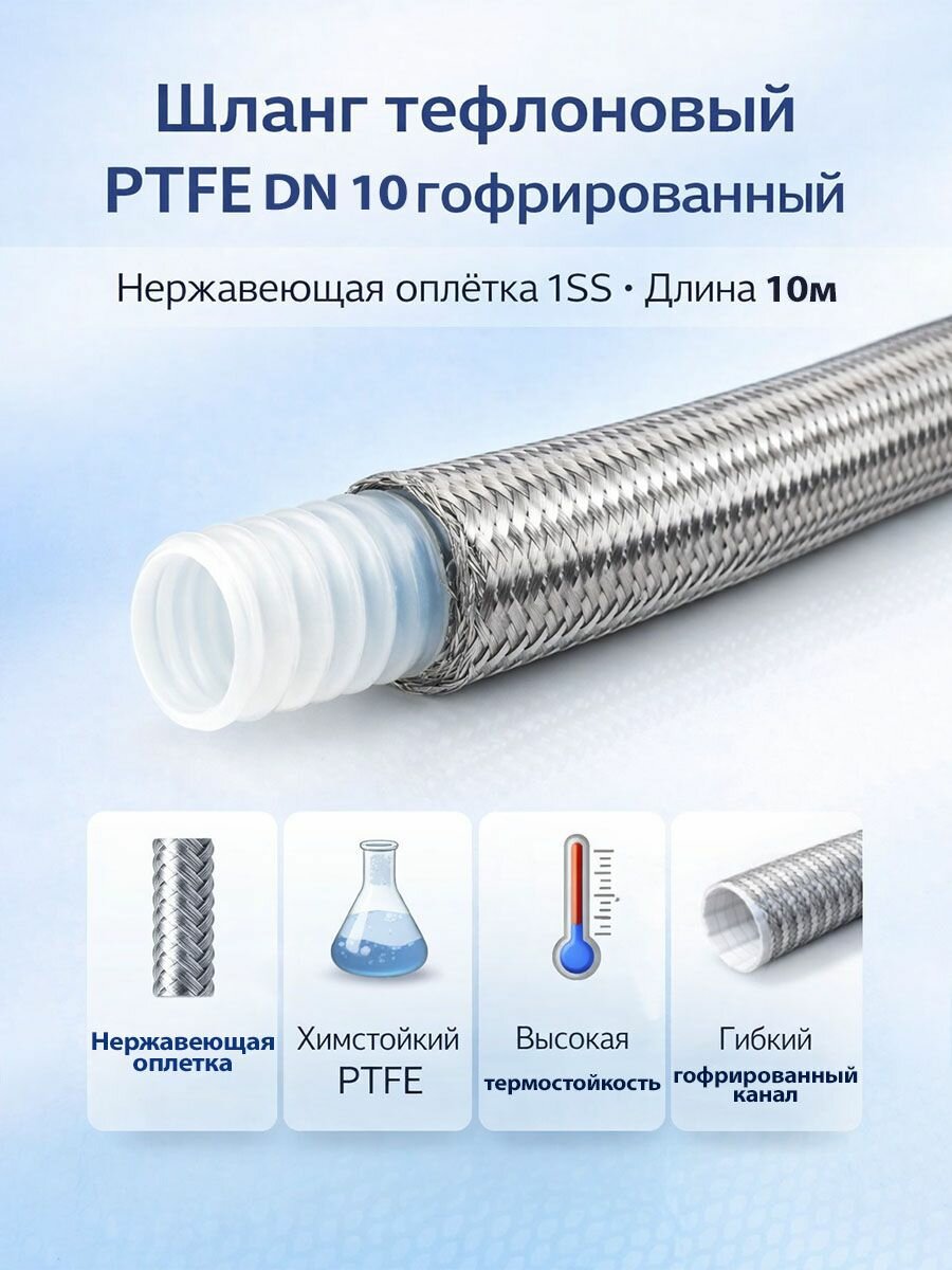 Шланг тефлоновый PTFE DN10 гофрированный, нержавеющая оплётка 1SS, РВД для гидравлики и топлива, 10 м