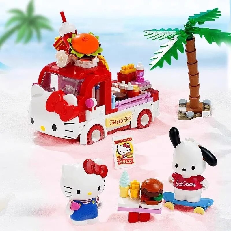 MINISO Конструктор Sanrio: Hello Kitty, фургончик с бургерами Pochaco, собачка Pudding Dog, машинка-десерт Cinnamon Dog, игрушка для самостоятельного изготовления,