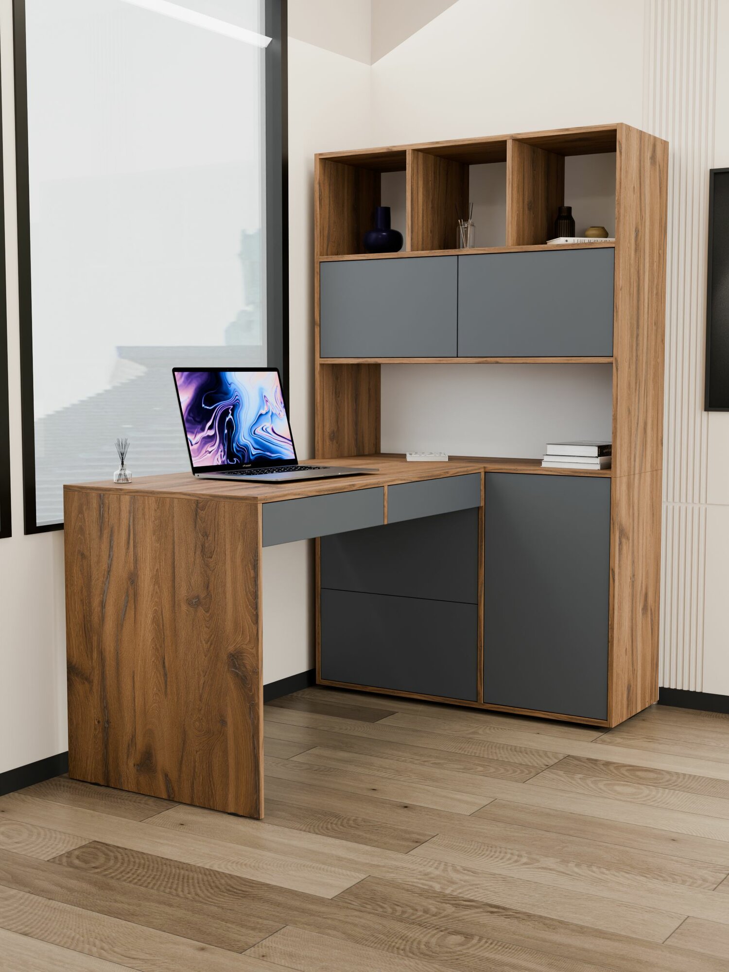 Изумлит Стол-шкаф письменный угловой для учебы и работы, шкаф справа 168х100х147.6 см, дуб крафт табачный-графит