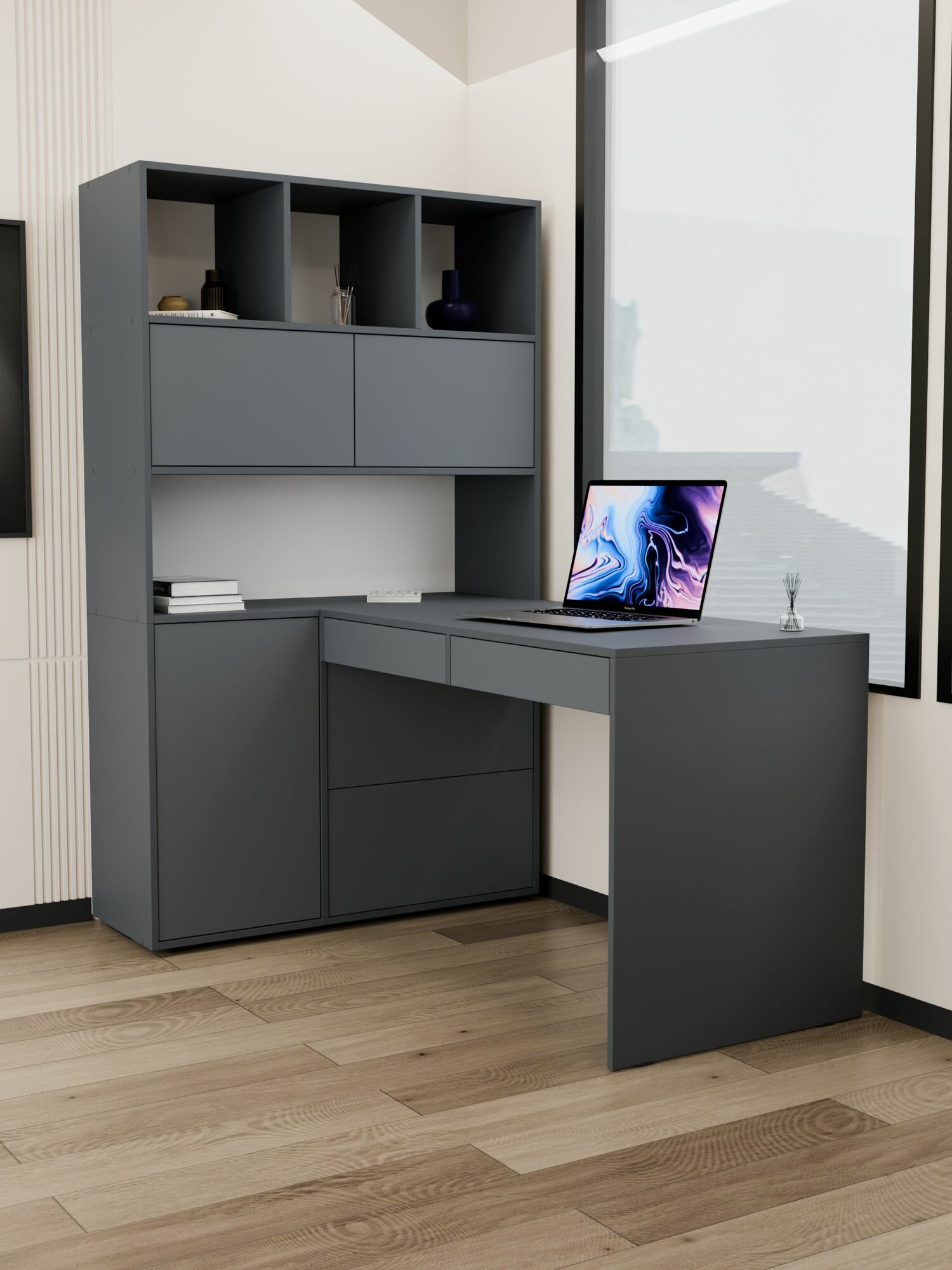 Изумлит Стол-шкаф письменный угловой для учебы и работы, шкаф слева 168х100х147.6 см, графит