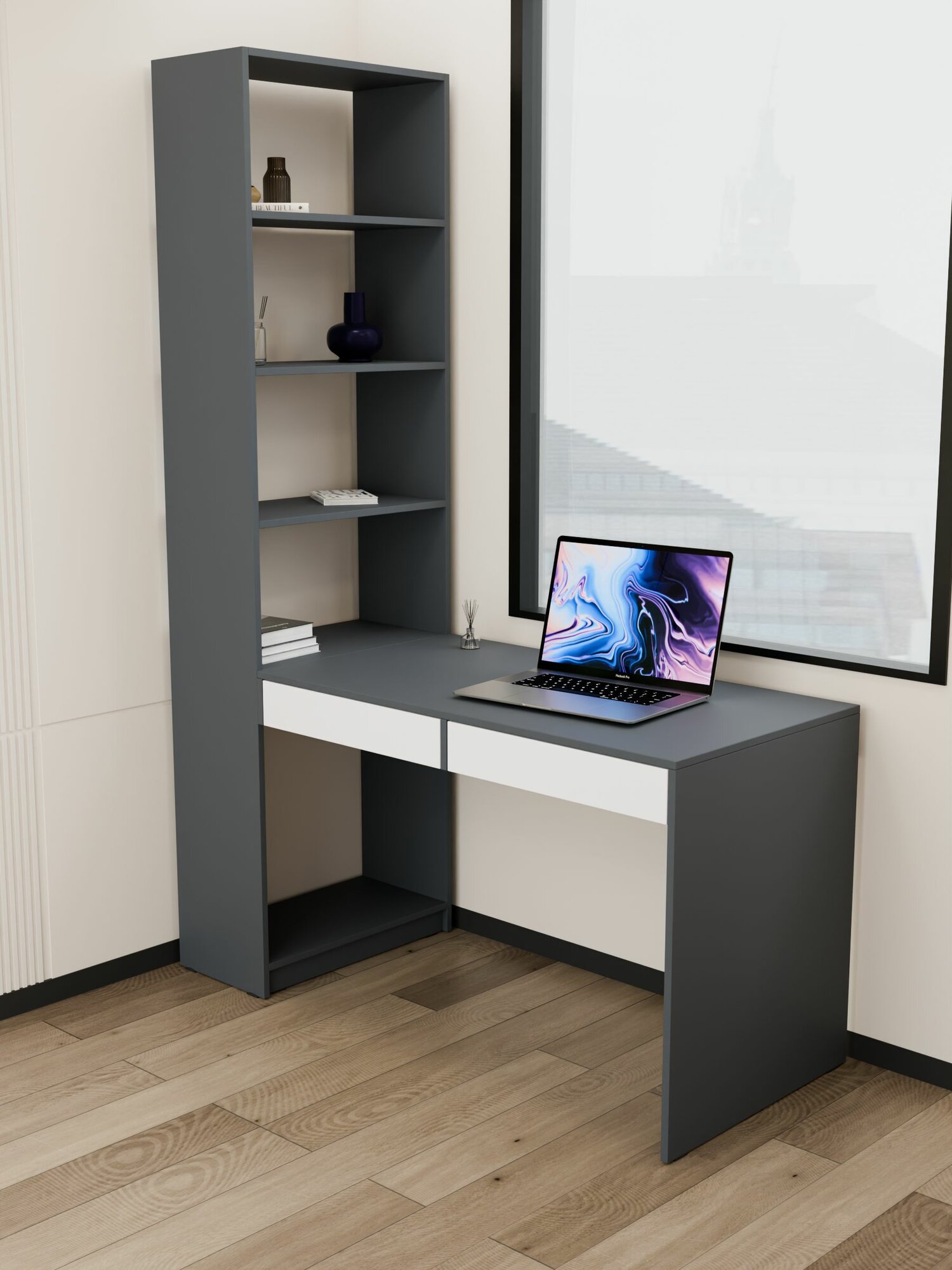 Изумлит Стол-стеллаж письменный угловой для учебы и работы Джокер, стеллаж слева 200х59.2х140 см, графит-белый