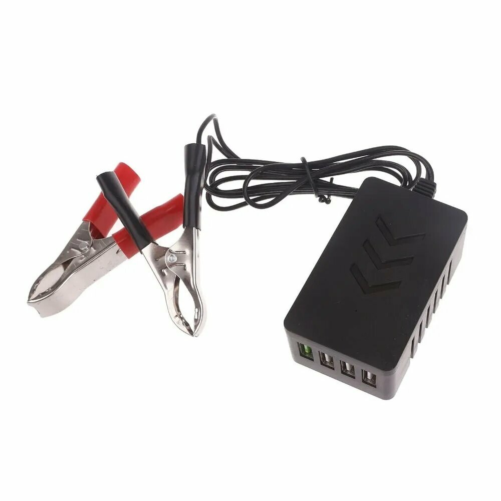 Адаптер питания 12V с зажимом для аккумулятора и USB-зарядкой для телефона, 4 порта