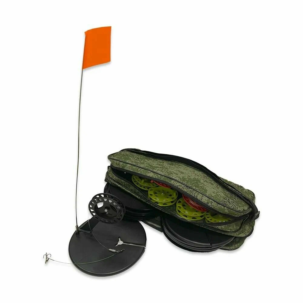 Набор жерлиц с угловой стойкой в прямоугольной сумке 10 шт (цветные катушки, d85mm), фирма Три Кита