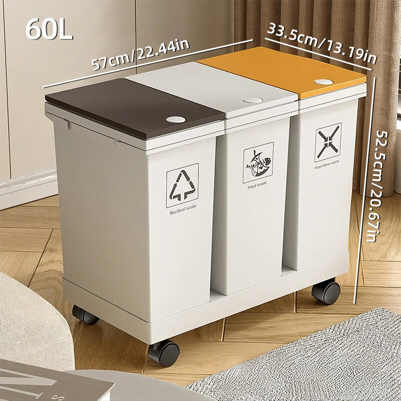 60-литровый мусорный контейнер с крышкой для кухни, большой емкости, с функцией разделения сухих и влажных отходов, на колесах, мобильный контейнер для сортировки мусора, экологически чистый.