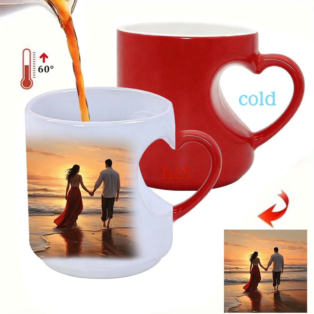 Кружка для кофе на День святого Валентина, 325 мл, персонализированная, меняющая цвет, с фотографией, керамическая кружка с ручкой в форме сердца, подарок на День святого Валентина, день рождения, свадьбу.