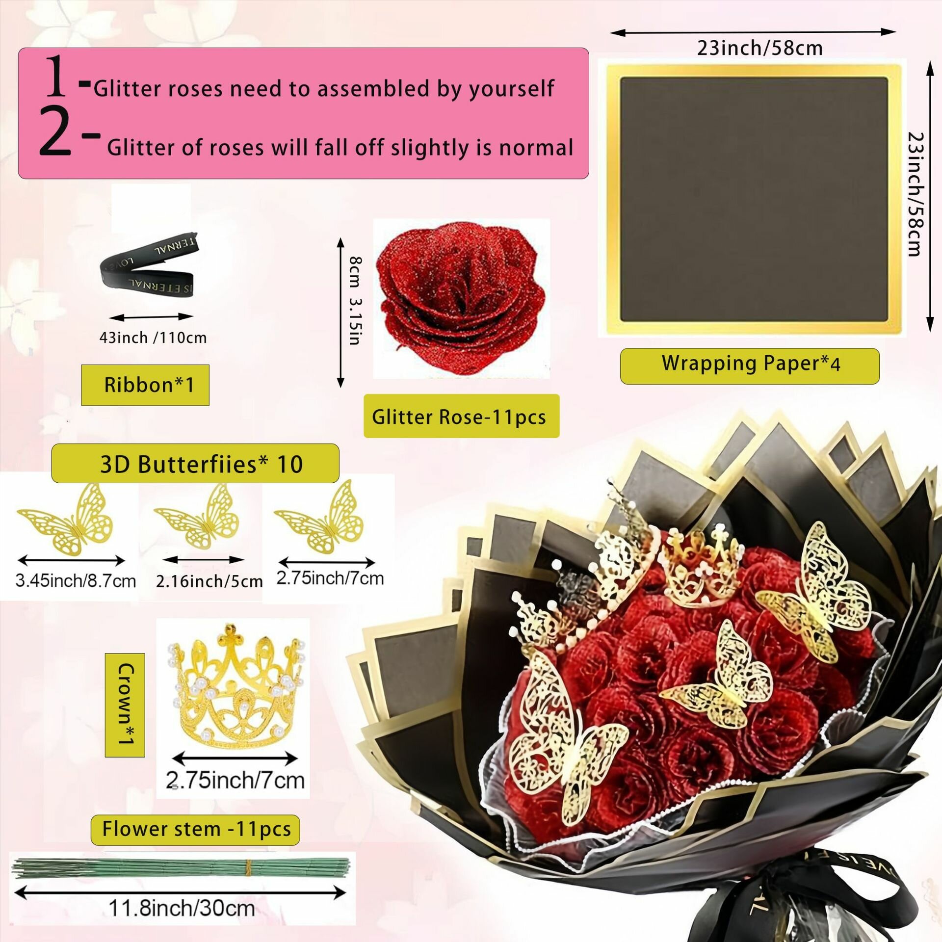 Блестящие розы, 3D-бабочки, корона, 24-36 штук, золотой блестящий букет, искусственные розы, бумага для упаковки своими руками, искусственные цветы на Хэллоуин.