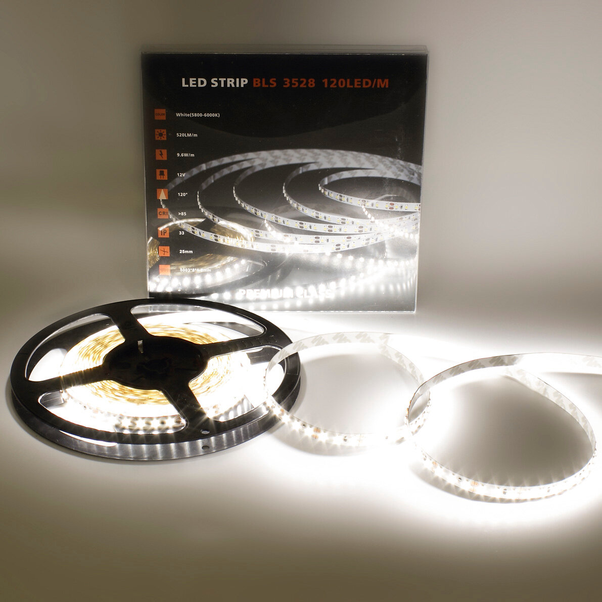 Светодиодная лента ICLED Class Premium, 3528, 120 led/m, day white, 12V, IP33, A37, 5 метров.
