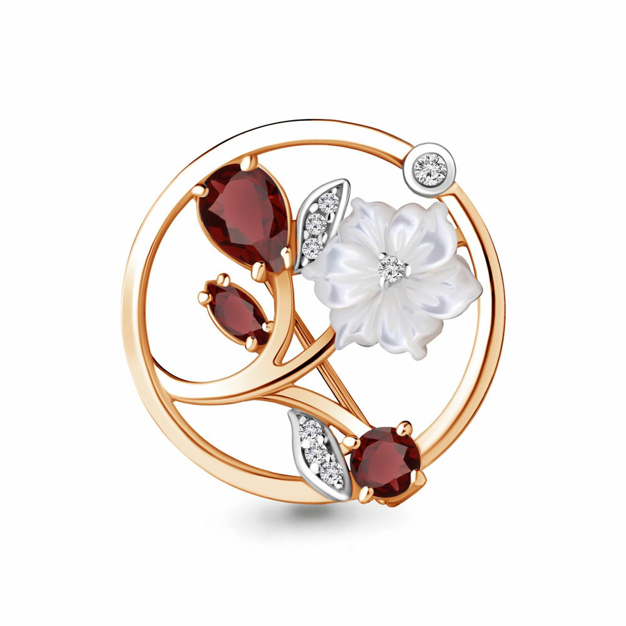 Брошь, серебро, 925 проба, золочение, гранат, перламутр, фианит