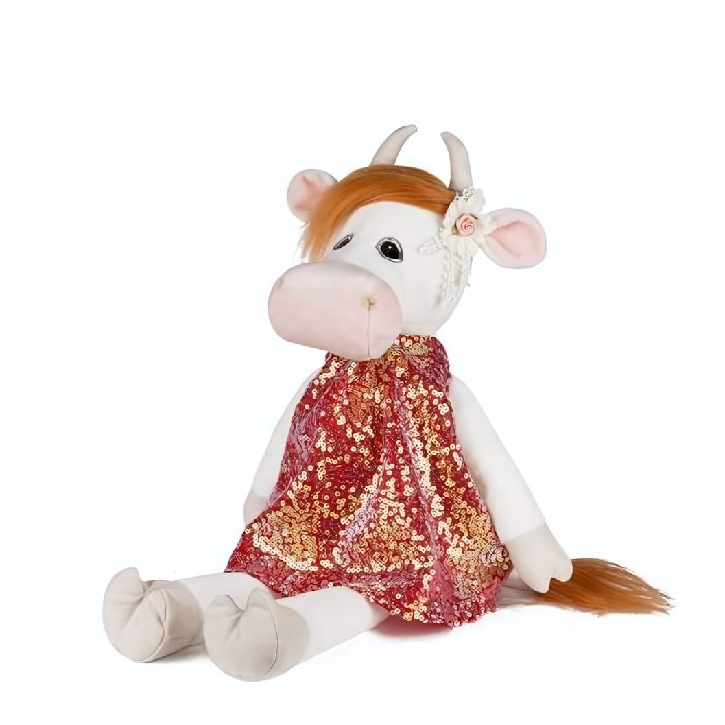 Мягкая игрушка коровка Глаша, 23см, в коралловом платье с пайетками