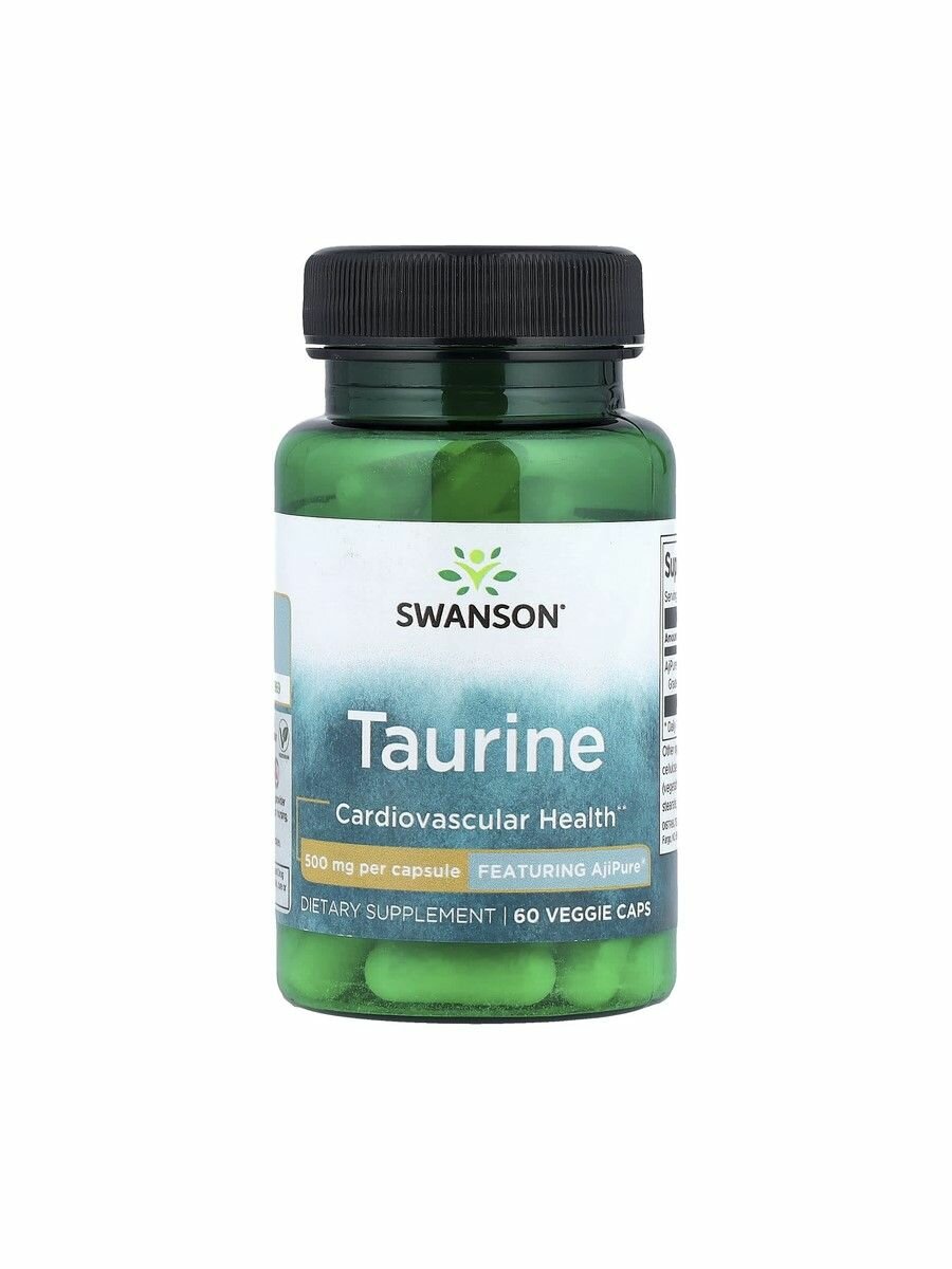 Swanson, Taurine, Таурин 500мг, 60 капсул, Аминокислота для сердца и сосудов, нервной системы и выносливости