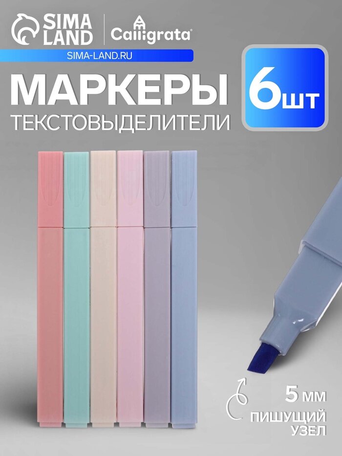 Набор маркеров-текстовыделителей, 6 пастельных цветов, скошенный наконечник, узел 5 мм