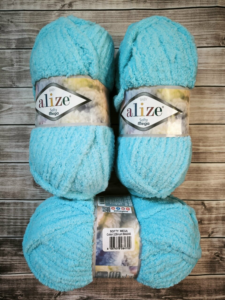 Пряжа Alize Softy Mega, цвет 128 бирюзово-голубой, набор 3 мотка, вес мотка 100 гр, длина нити 70 м (Ализе Софти Мега)