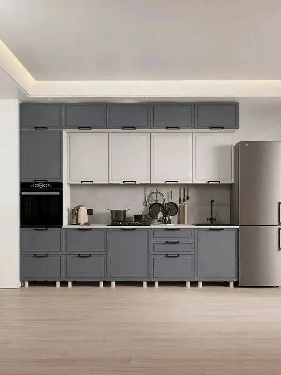 Кухонный гарнитур Квадро МДФ 3м белый снег со столешницей и антресолью лев.