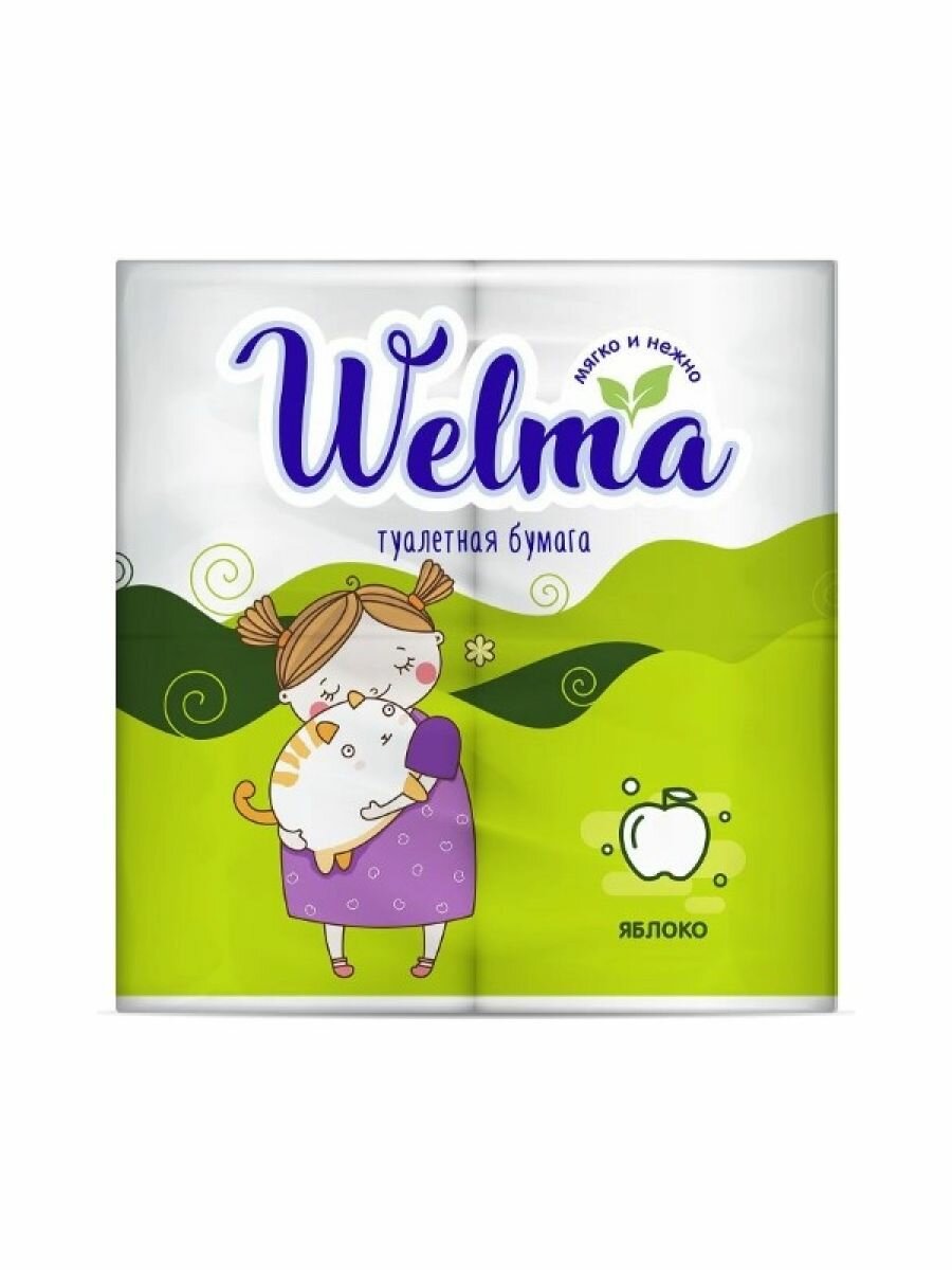 Welma Бумага туалетная 2-х слойная с втулкой аромат яблоко