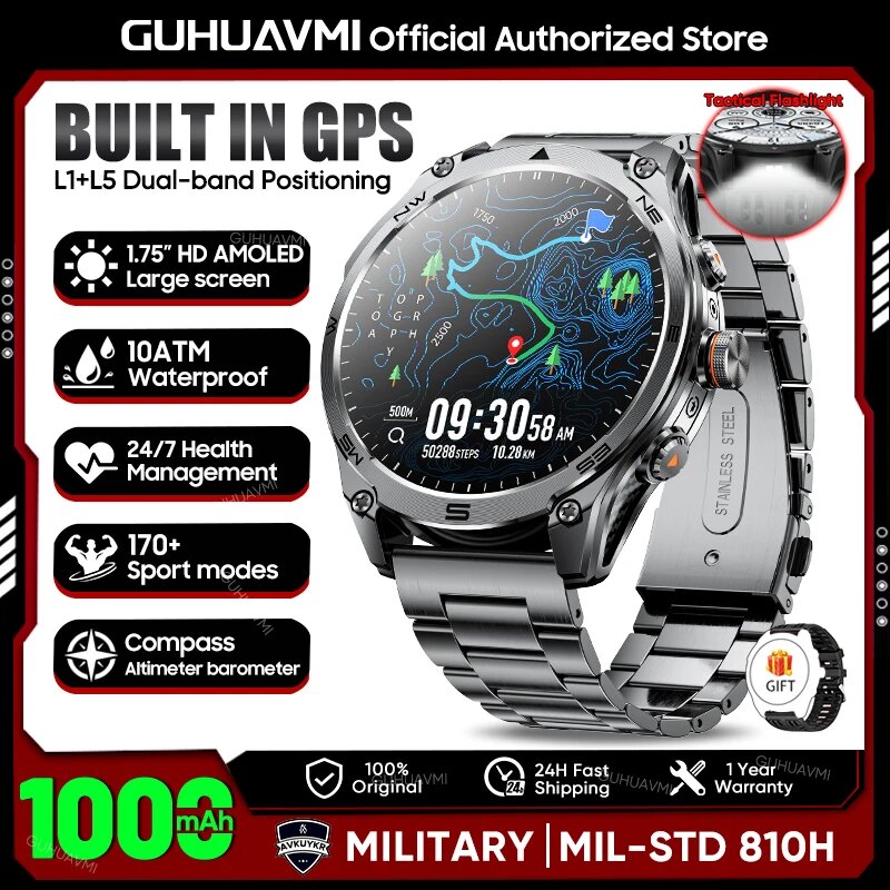 ULtra Military Grade Smart Watch 10ATM GPS 1.73”AMOLED 170+Sports Black Steel