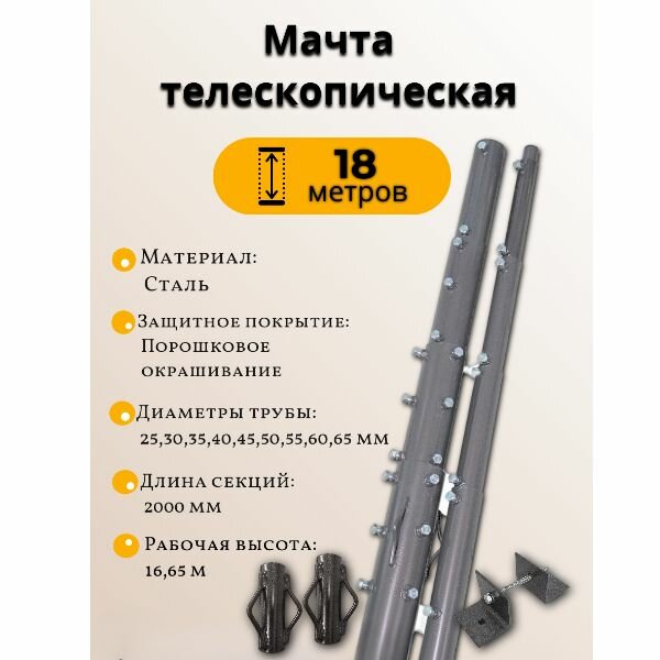 Мачта для антенны стальная, телескопическая 18 метровая, окрашенная, с пяткой и кольцами для оттяжки