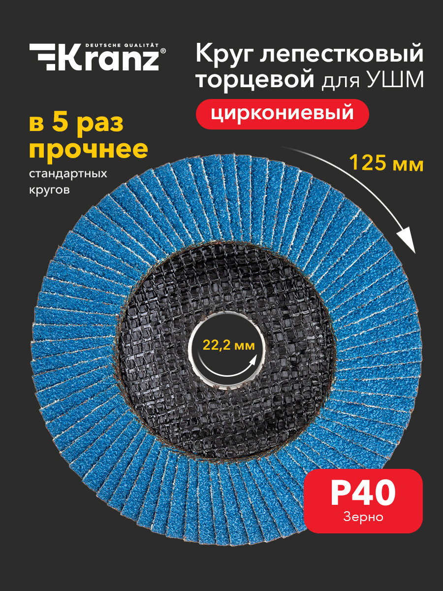 Круг лепестковый торцевой, циркониевый, P40, 125х22,2мм INOX KRANZ