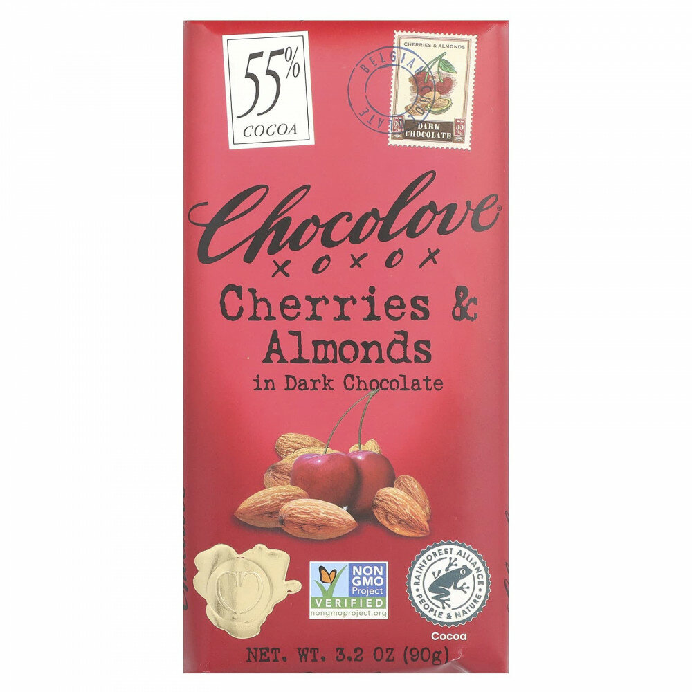 Chocolove, вишни и миндаль в темном шоколаде, 55% какао, 90 г (3,2 жидк. унции)