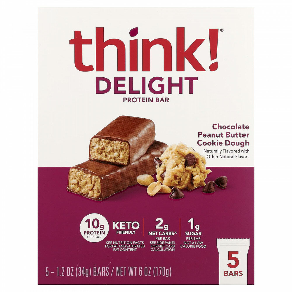 Think , Delight протеиновый батончик, печенье с шоколадом и арахисовой пастой, 5 шт. по 34 г (1,2 унции)