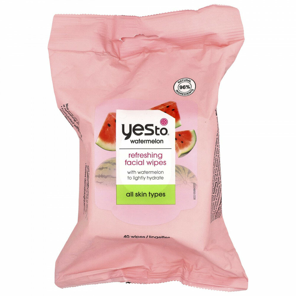 Yes To, Освежающие салфетки для лица, для всех типов кожи, арбуз, 40 салфеток