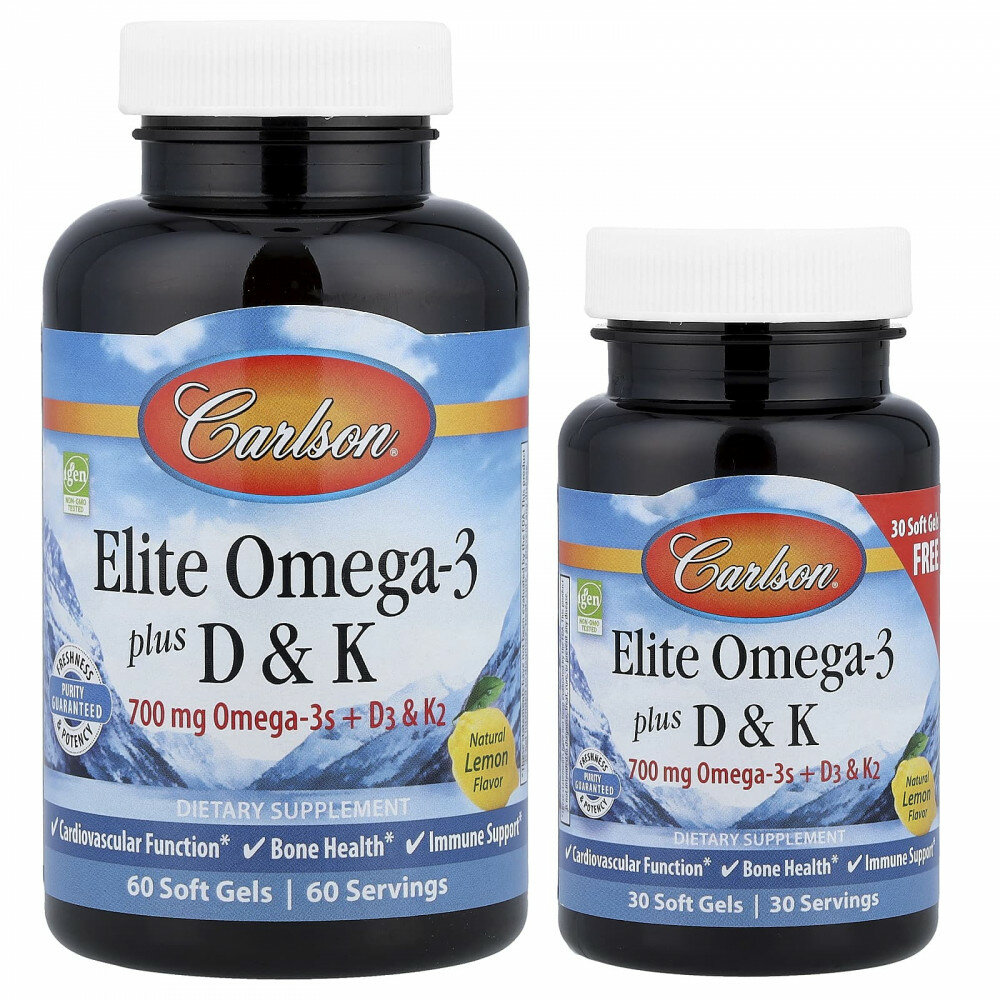 Carlson, Elite Omega-3 с витаминами D и K, натуральный лимон, 90 капсул