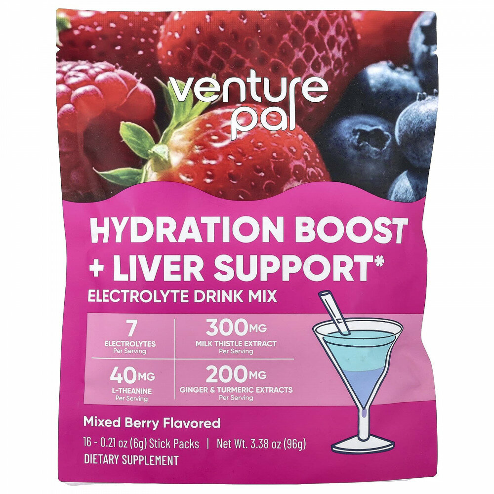 Venture Pal, Hydration Boost + поддержка печени, смесь для приготовления электролитического напитка, со вкусом ягодного ассорти, 16 пакетиков-стиков по 6 г (0,21 унции)