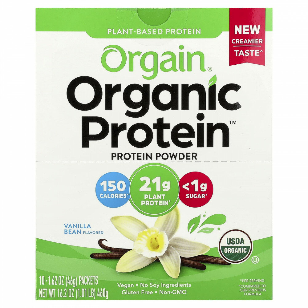Orgain, Organic Protein™, растительный протеин в порошке, со вкусом ванили, 10 пакетиков по 46 г (1,62 унции)