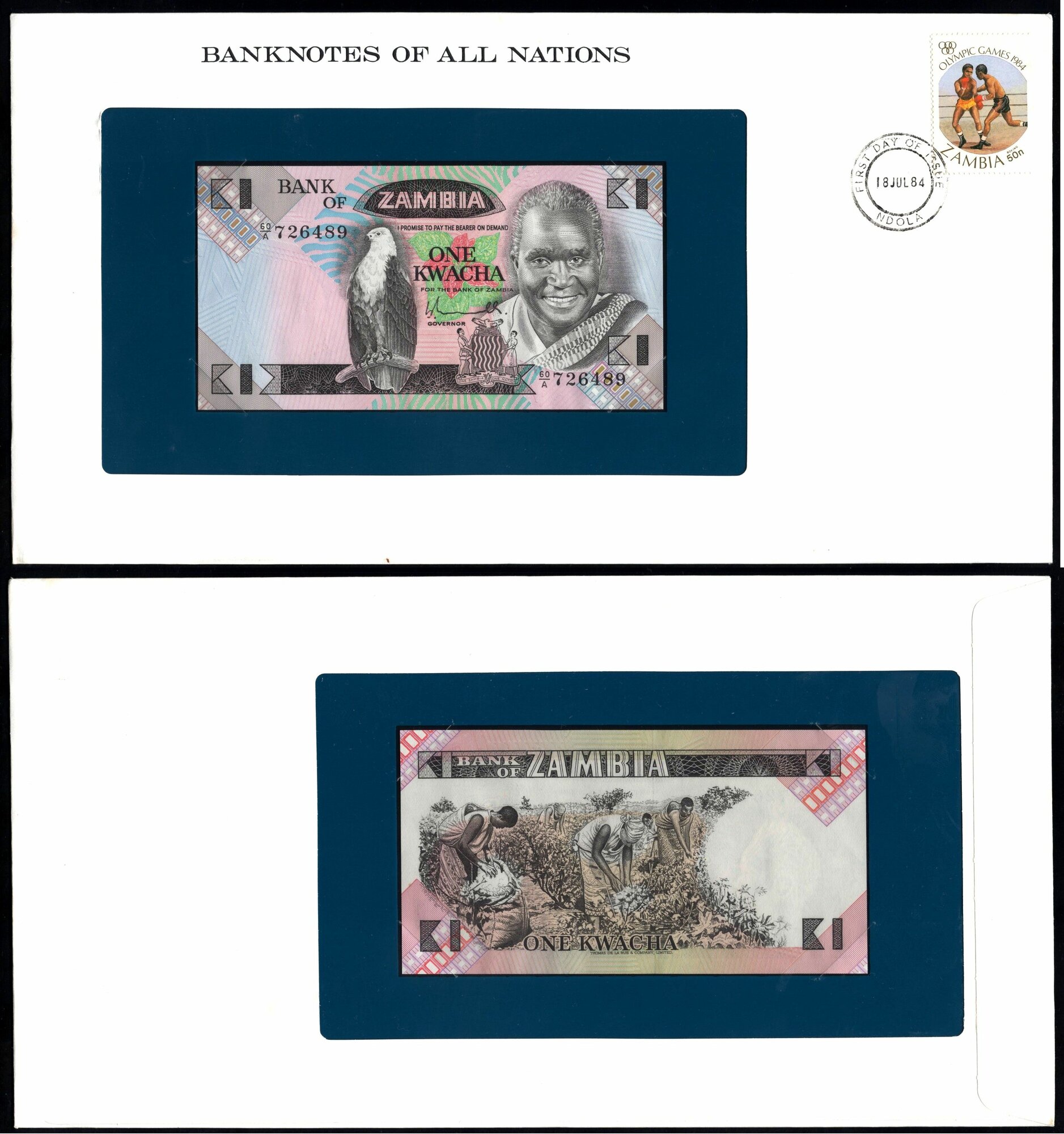 Замбия 1 квача 1980 (BANKNOTES OF ALL NATIONS) конверт, марка