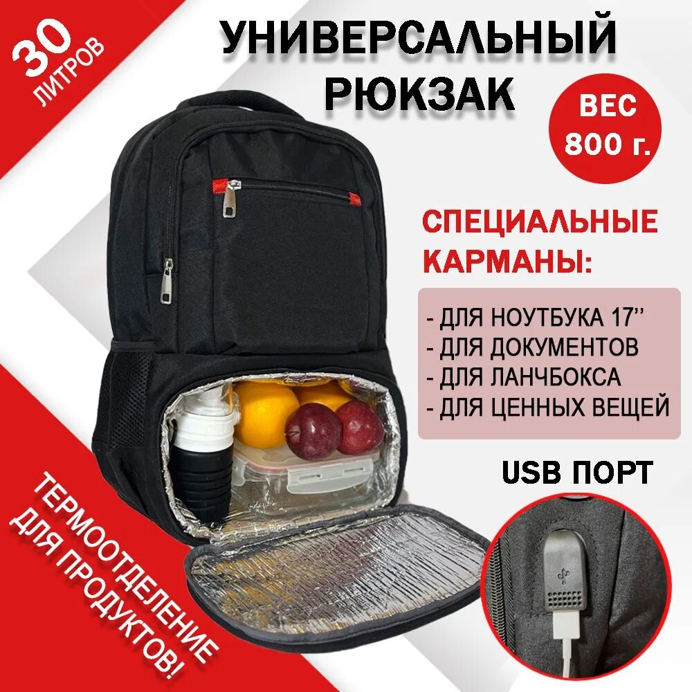 Универсальный рюкзак с термоотделением для продуктов, 30 литров, USB порт, для ноутбука 17"