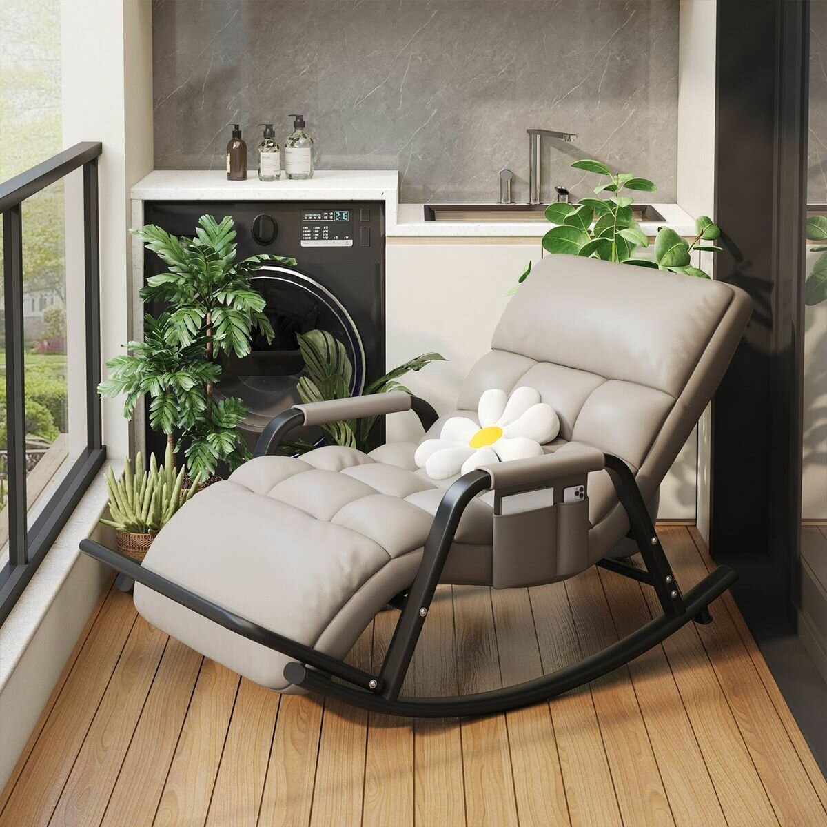 Кресло-качалка, совершенно новое, одноместное, с педалями, съемное и моющееся, 111*60*50 см, серое