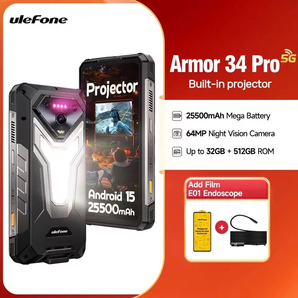 Ulefone Armor 34 Pro 5G, проектор, 16/512 ГБ, Add Film E01, US Plug