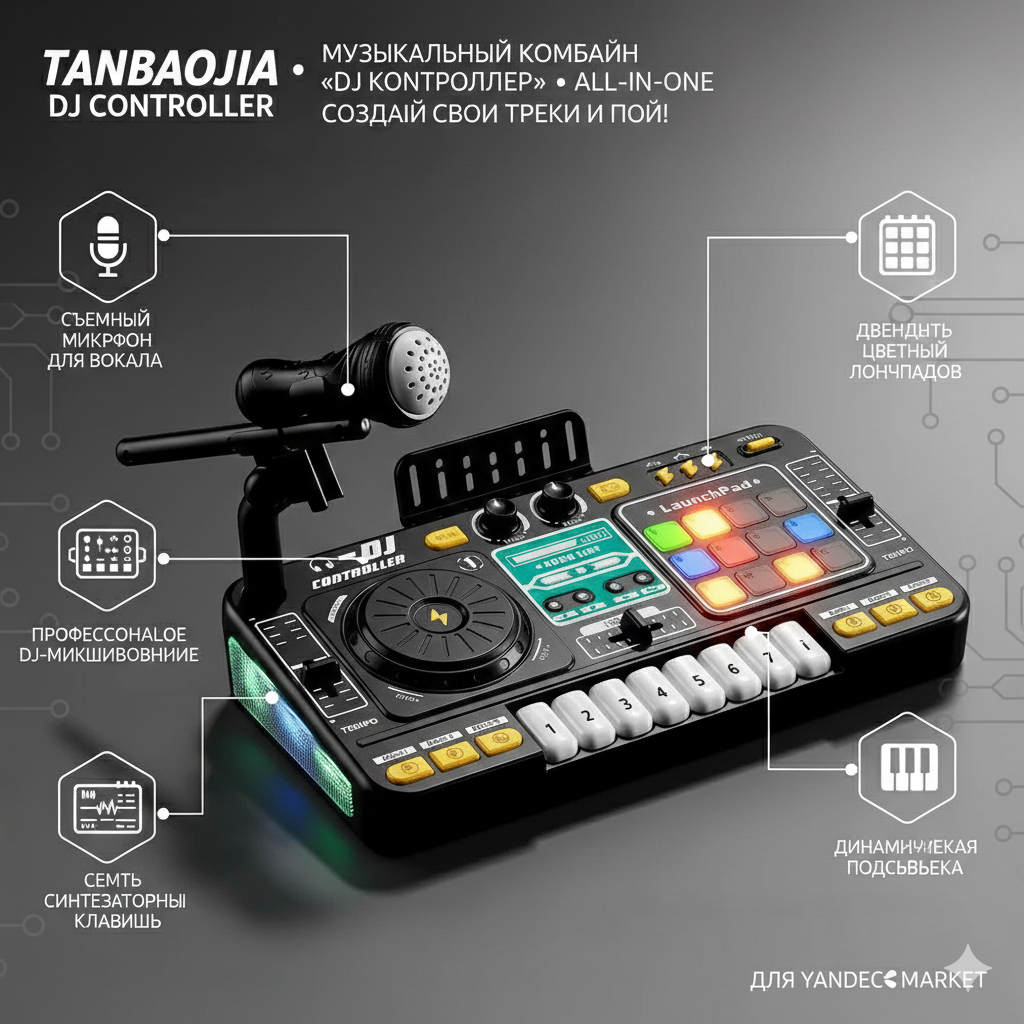 Эксклюзивный контроллер DJ детский музыкальный пульт со звуковыми эффектами и подсветкой обучающая игрушка черное