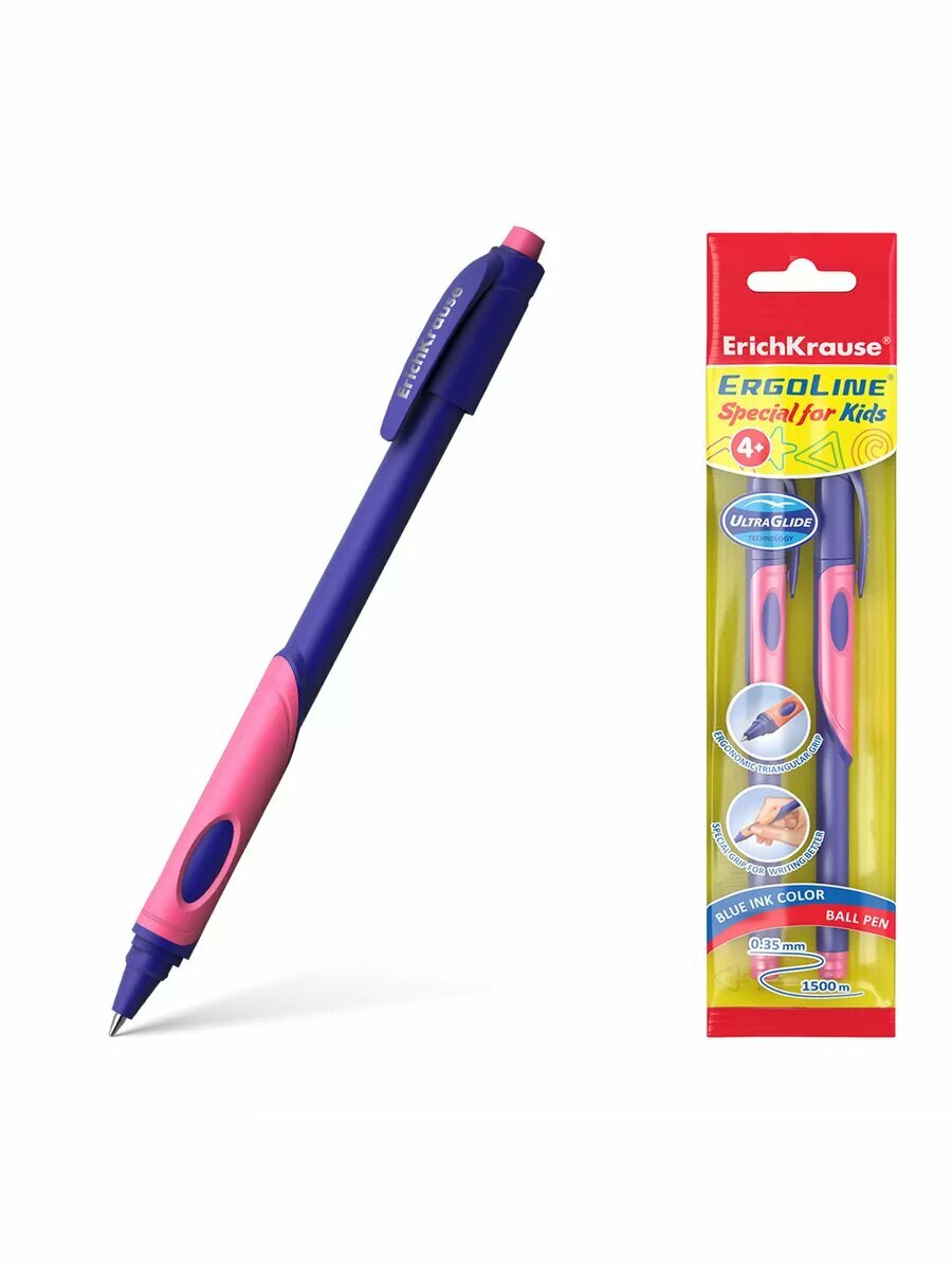 Ручка шарик. ErgoLine Kids Stick&Grip Neon, синяя, 2 шт