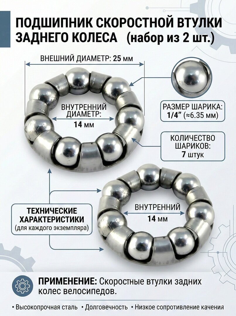 2-шт Подшипник втулки заднего колеса, скоростной, 1/4" х 7 шариков, внешний 25мм, внутренний 14мм для велосипеда