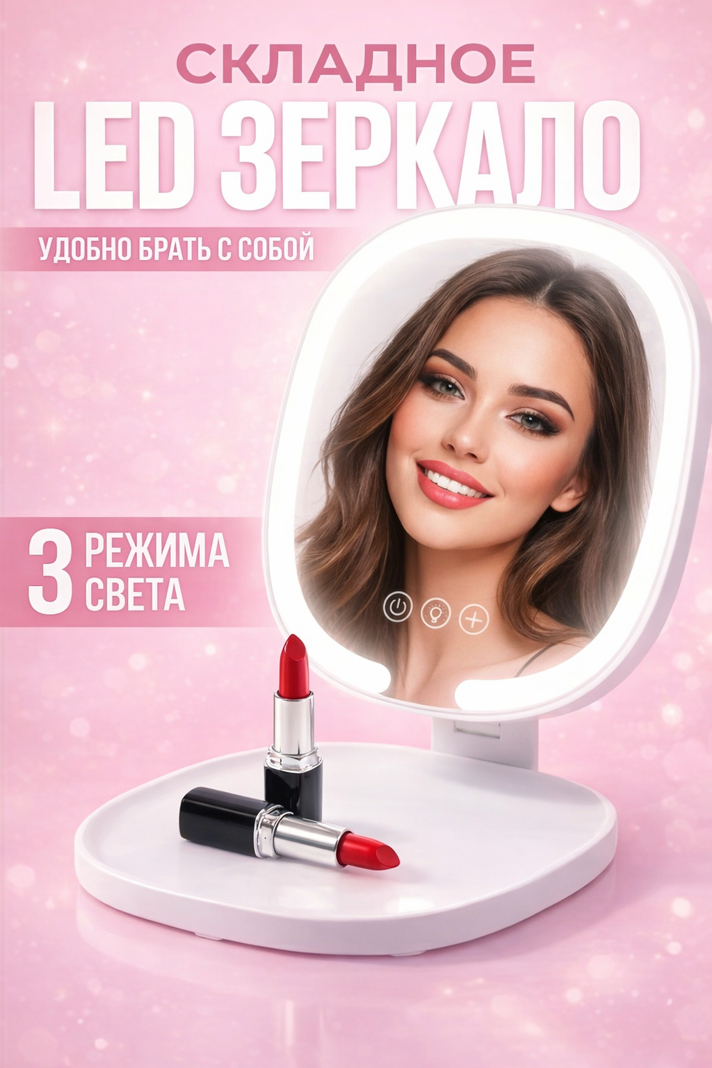 Складное настольное зеркало с подсветкой для макияжа, 3 режима подсветки, белое