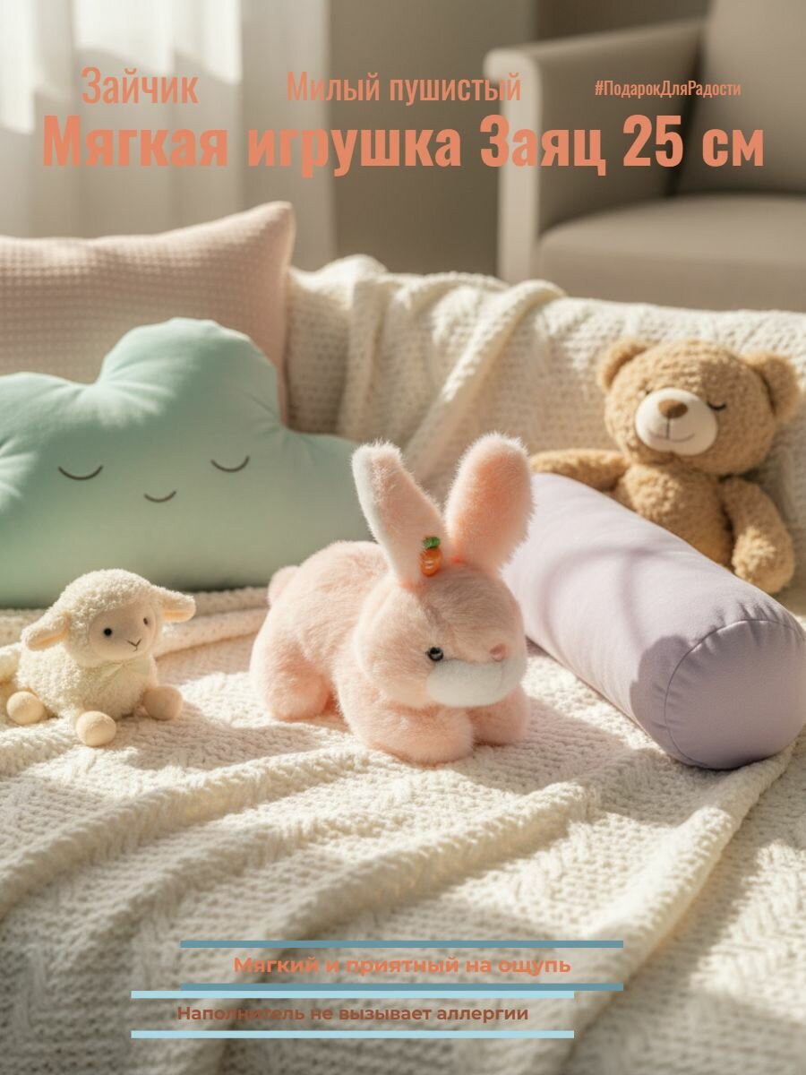 Мягкая игрушка - Заяц Пушистик высотой 25 см.