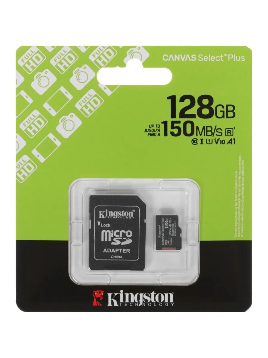 Карта памяти Kingston SDCS3/128GB microSDXC 128GB Canvas Select Plus V10 A1, с адаптером